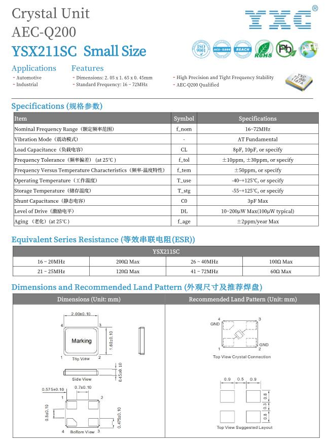 YXC无源车规级谐振器，50MHz，封装尺寸2016，总频差±80PPM，适用于汽车编码器 - 电子方案资讯_我爱方案网